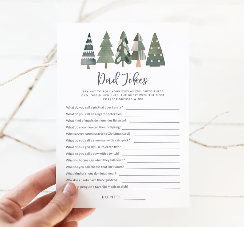 Winter Woodland Baby Shower Dad Jokes Game - Printable Christmas Tree ...