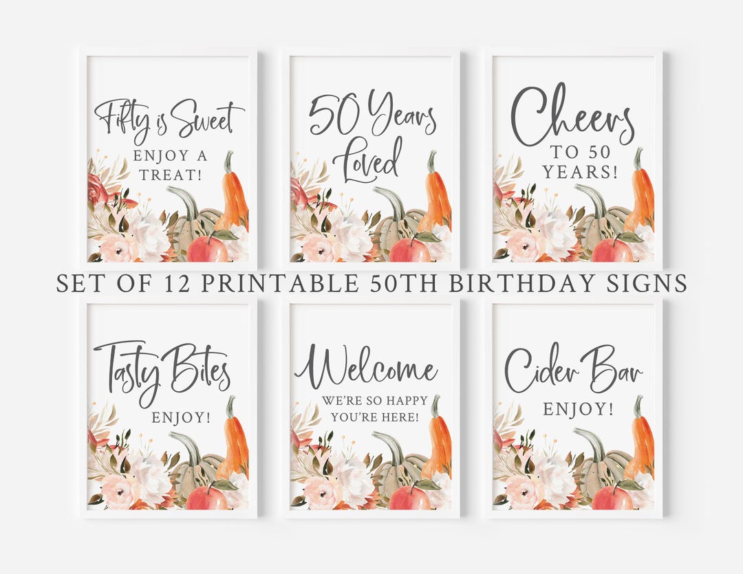 Autumn Pumpkin 50th Birthday Decorations - Set of 12 Printable Signs ...