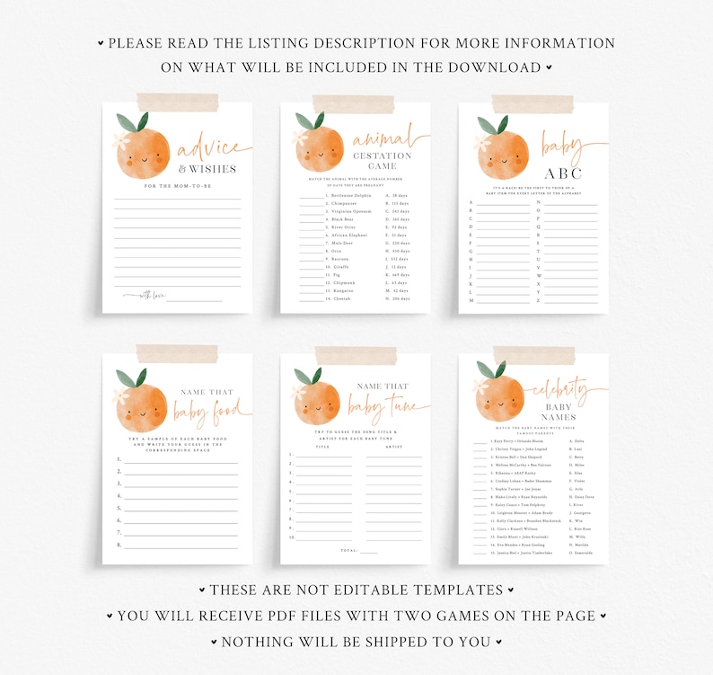 Orange Citrus Themed Baby Shower Games Bundle - Set of 20 Printable ...