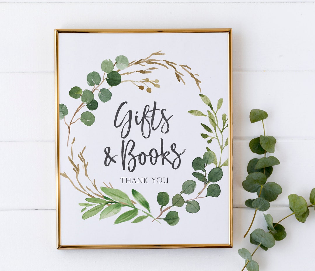 Gifts and Books Sign - Books for Baby Sign - Eucalyptus Baby Shower ...