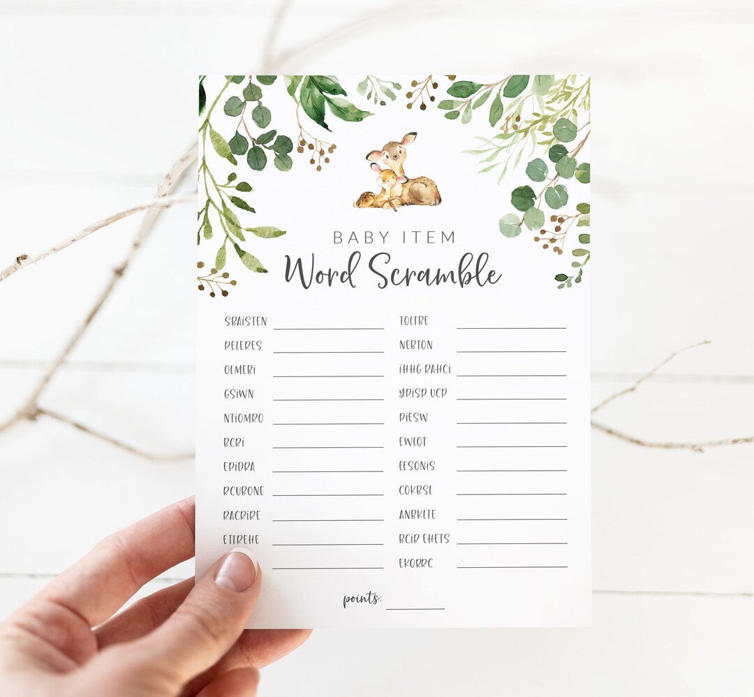 Baby Word Scramble Printable - Oh Deer Baby Shower Word Game - Woodland ...