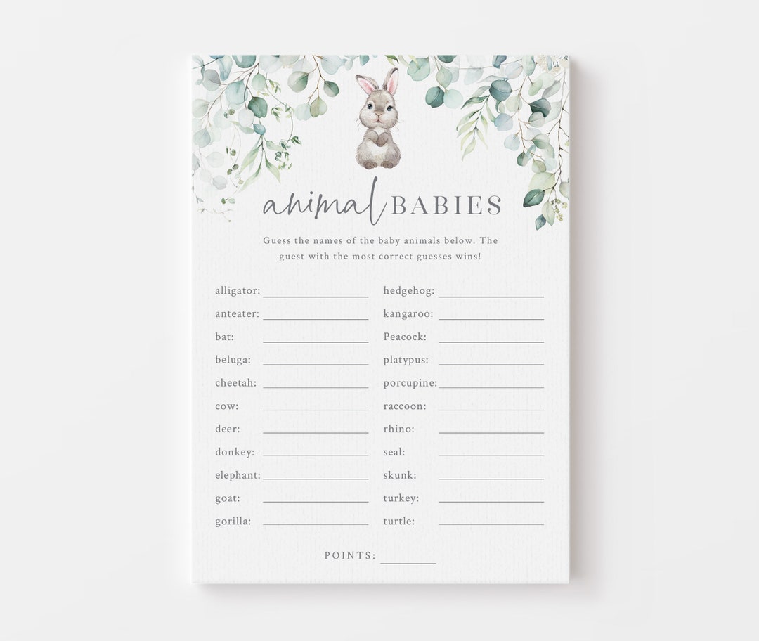 Cute Bunny Baby Shower - Animal Babies Quiz - Printable 5x7 Game ...