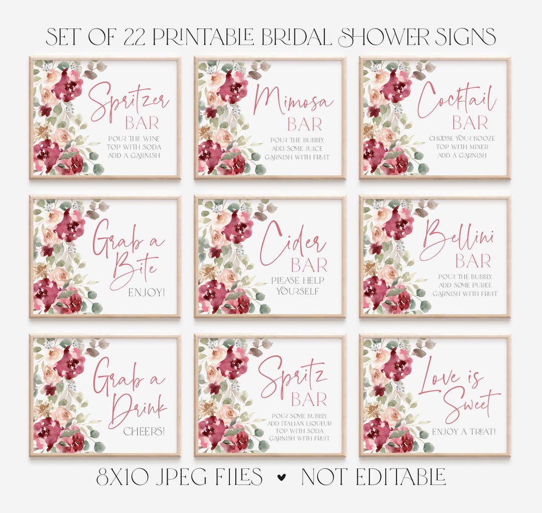 Champagne & Burgundy Bridal Shower Sign Bundle - Autumn Floral Wedding ...