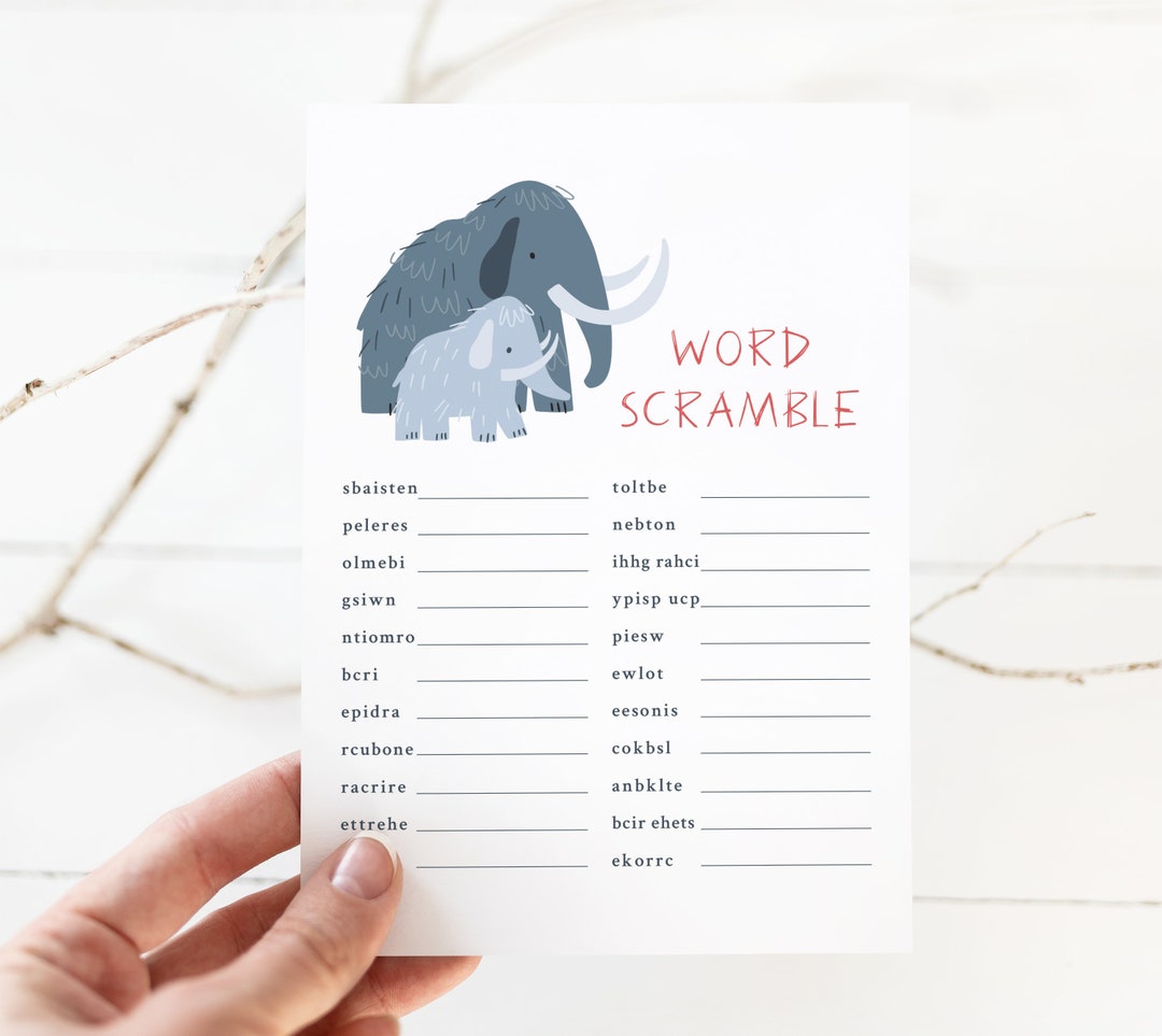 Mammoth Baby Shower Word Scramble - Printable 5x7 Games - Prehistoric ...