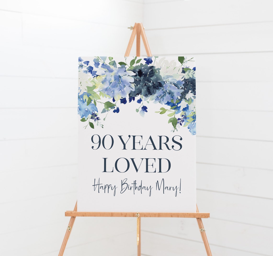 Blue Floral Birthday Party Sign - 90th Birthday Party Welcome Sign ...