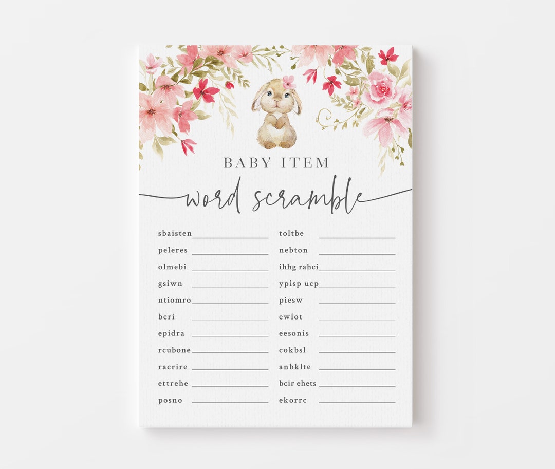 Pink Bunny Baby Shower Word Scramble - Printable 5x7 Game - Spring Girl ...