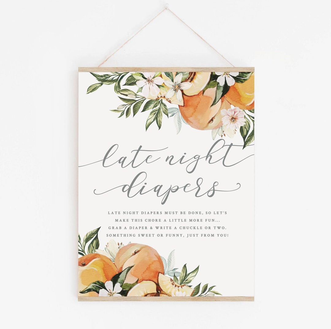Late Night Diapers Activity Sign - Peach Baby Shower Printable - Diaper ...