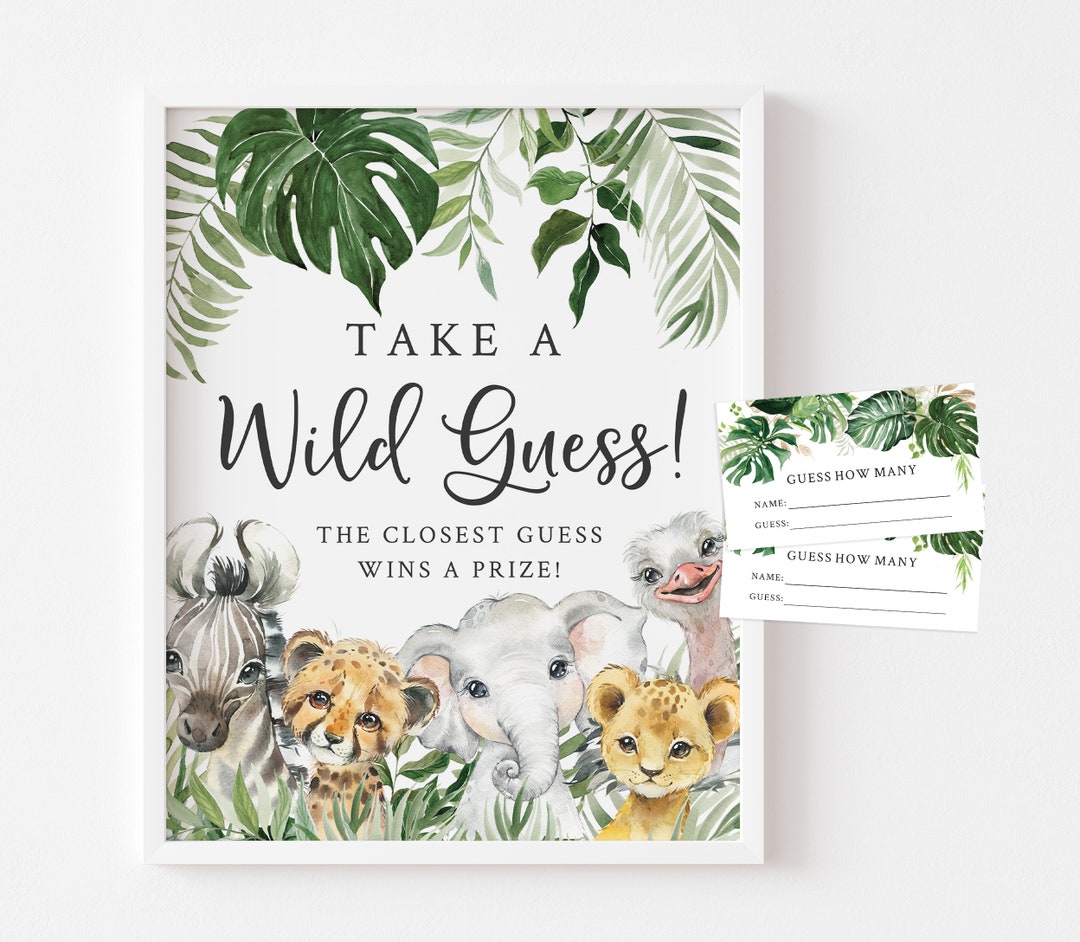 Safari Animals Baby Shower Guessing Game Sign and Cards - Guess How ...