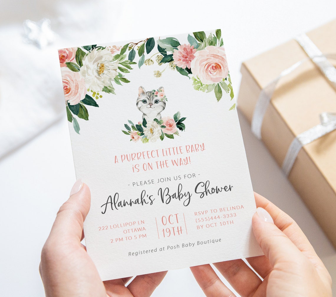 Kitten Themed Baby Shower Invitations - Cat Party Invites - Printable ...
