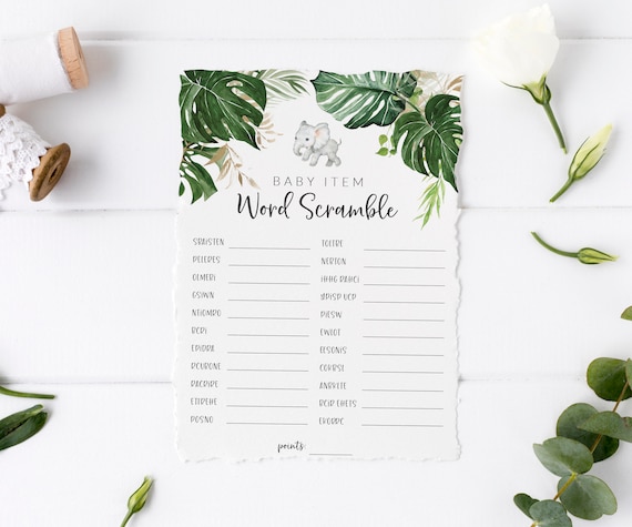 Elephant Baby Shower Word Scramble Printable Game Paper Clever Party