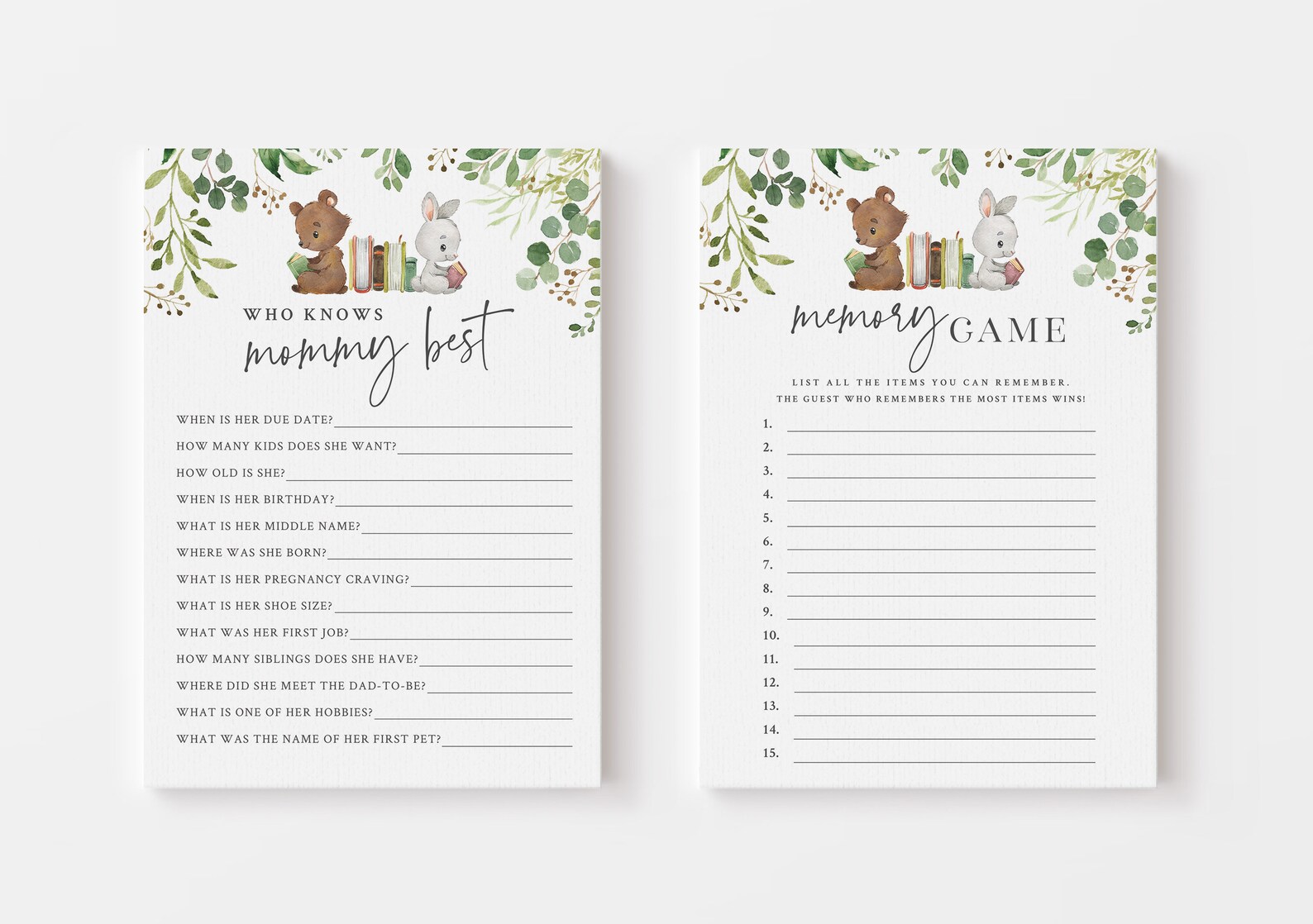 Twin Baby Shower Games - Woodland Animals Book Themed Twin Baby Games ...