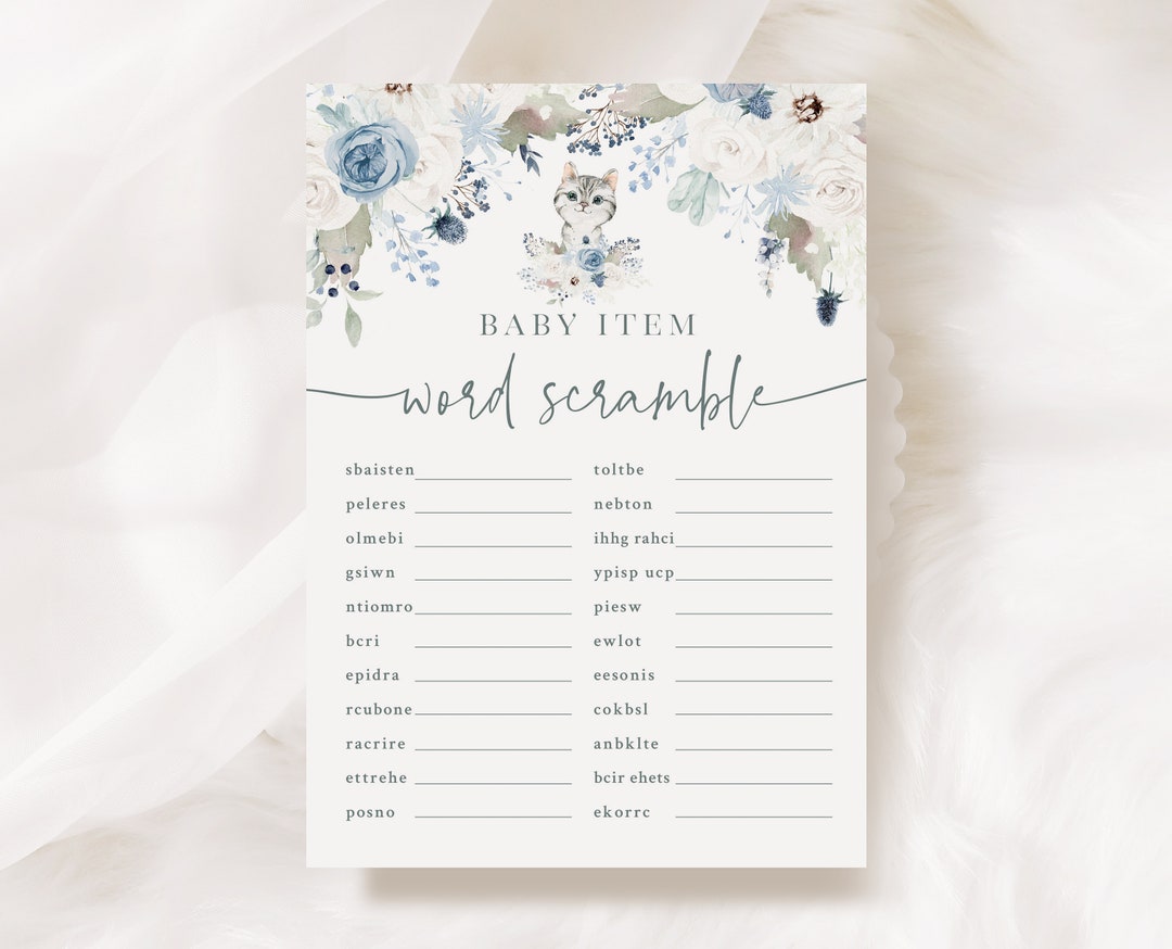 Blue Kitten Baby Shower Word Scramble - Printable 5x7 Game - Boy Cat ...