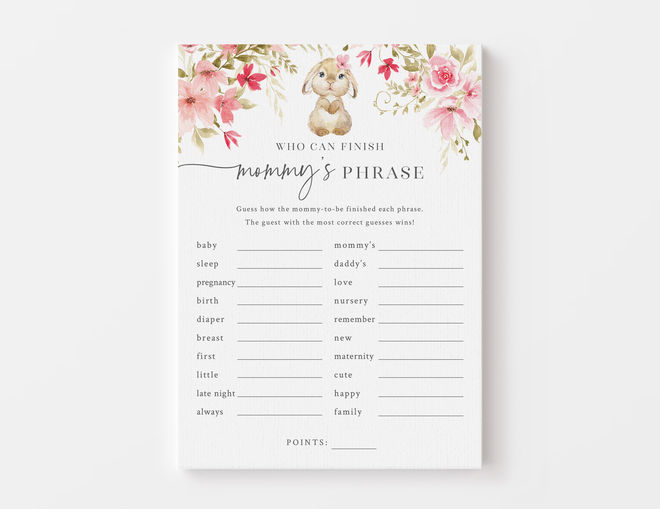 Pink Bunny Rabbit Baby Shower Games - Set of 25 Printable Games ...