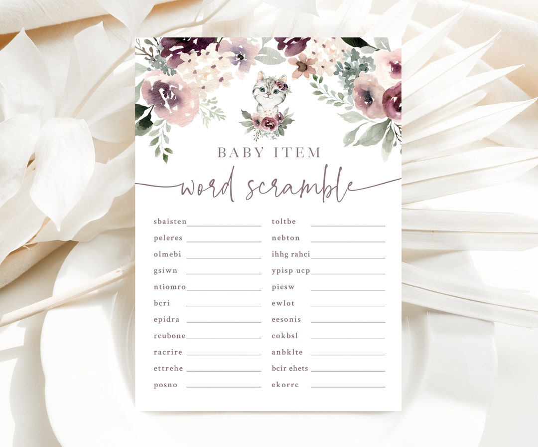 Baby Shower Word Scramble - Purple Kitten Baby Shower - Printable 5x7 ...