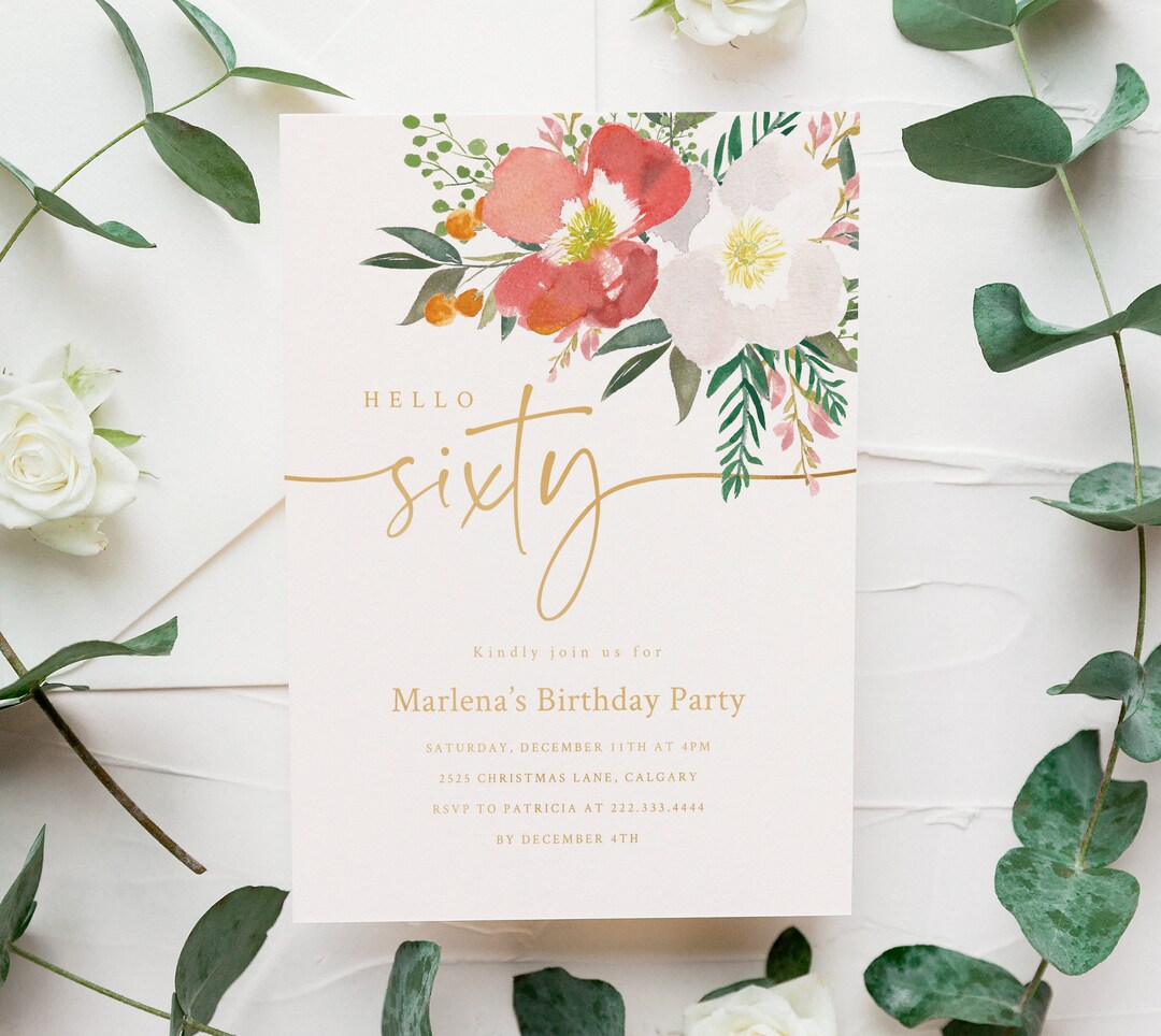 60th Birthday Party Invitation - Hello Sixty Party Invite - Printable ...