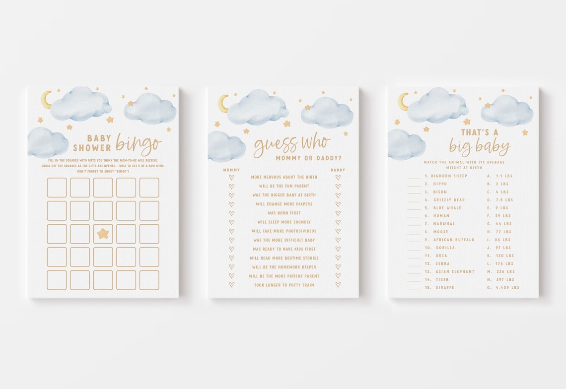 Blue Twinkle Twinkle Little Star Baby Shower Game Bundle - 26 Printable ...