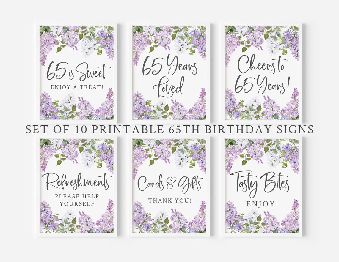 Purple Lilac 65th Birthday Party Signs - Set of 10 Printable Birthday ...