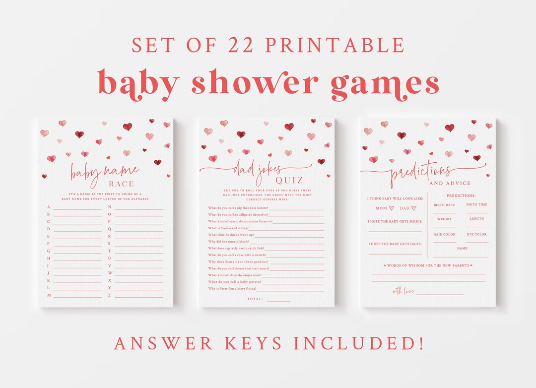 Valentine Hearts Baby Shower Game Bundle - Set of 22 Printable Games ...