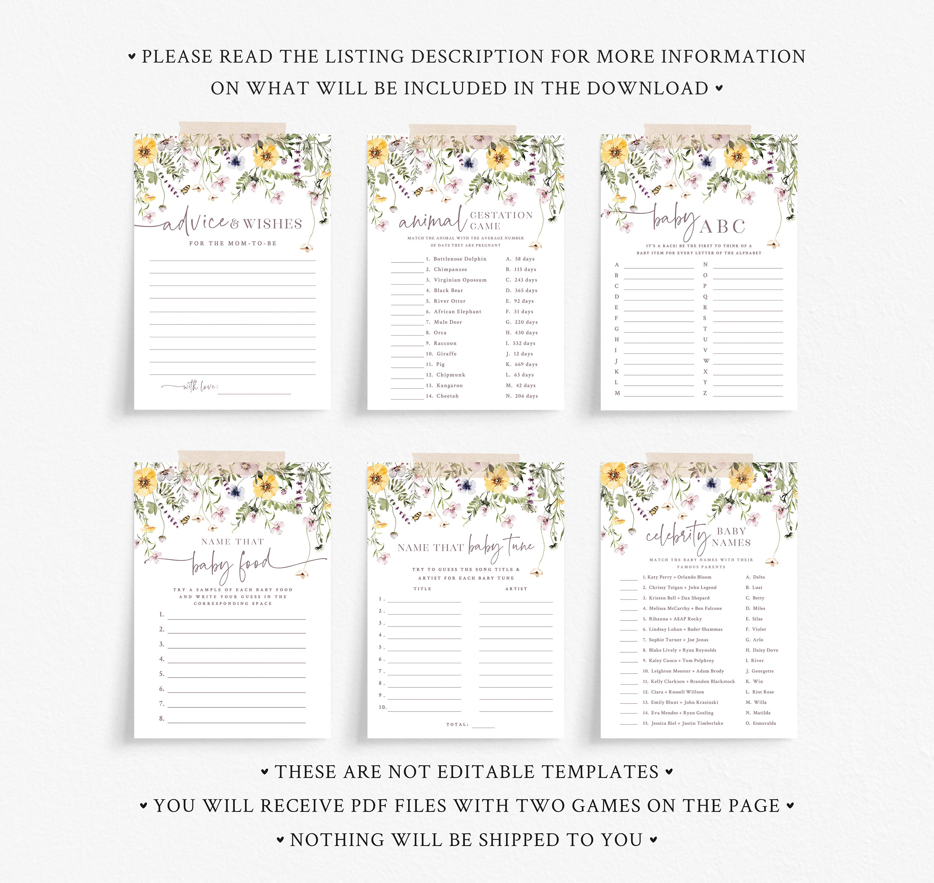 Wildflower Baby Shower Game Bundle - 26 Printable Games & Activities ...