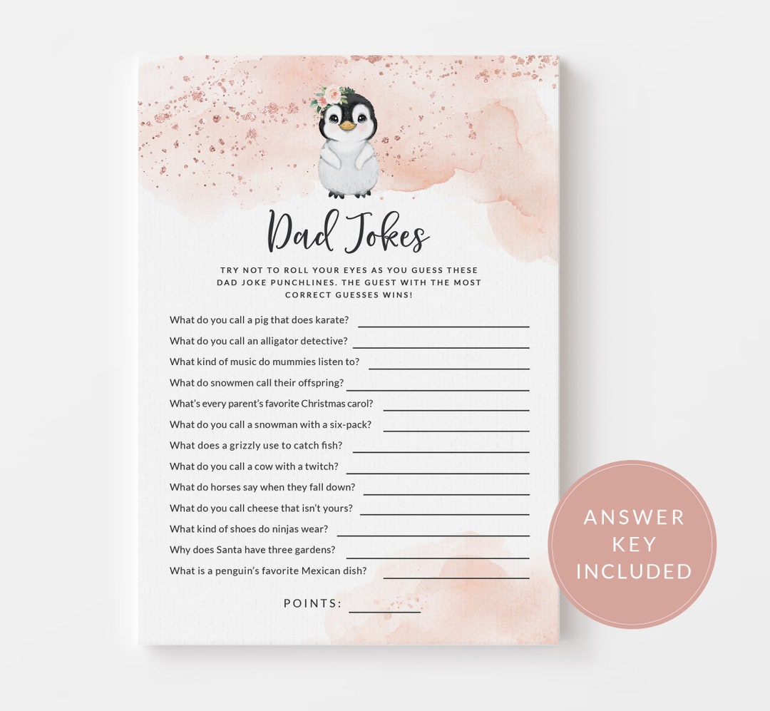 Pink Penguin Baby Shower Printable Game - Dad Jokes Baby Shower Trivia ...