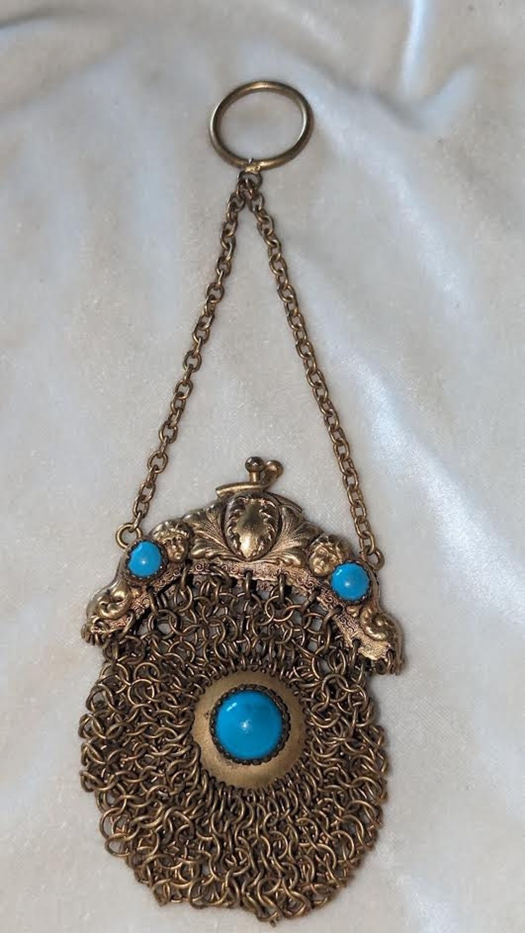 Elaborate Victorian Chain Mail Finger Purse With Jewels Cherubs and ...