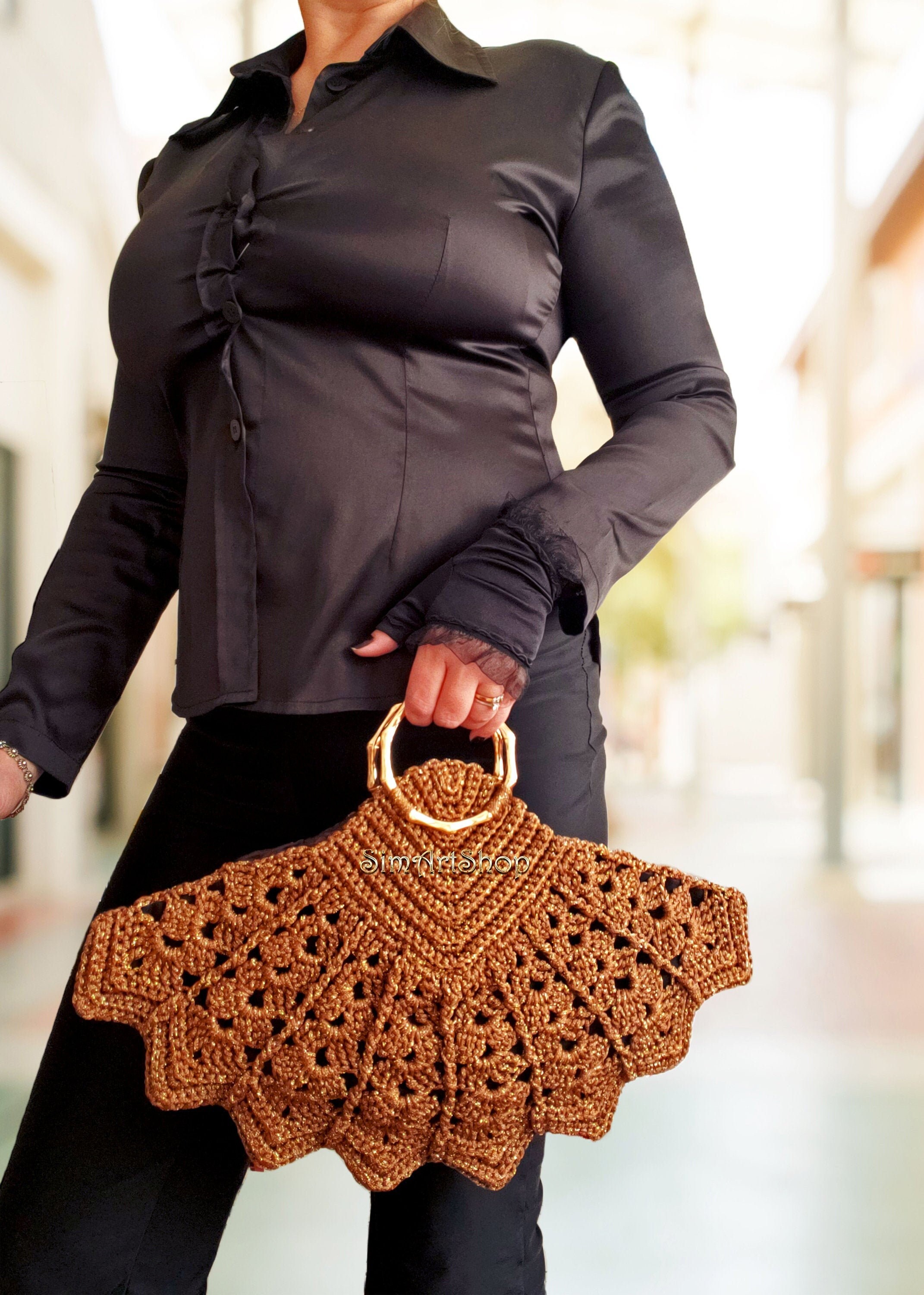 Vintage Inspired Caramel Fan Bag,bronze-gold Glitter Crochet Bag,1940s ...