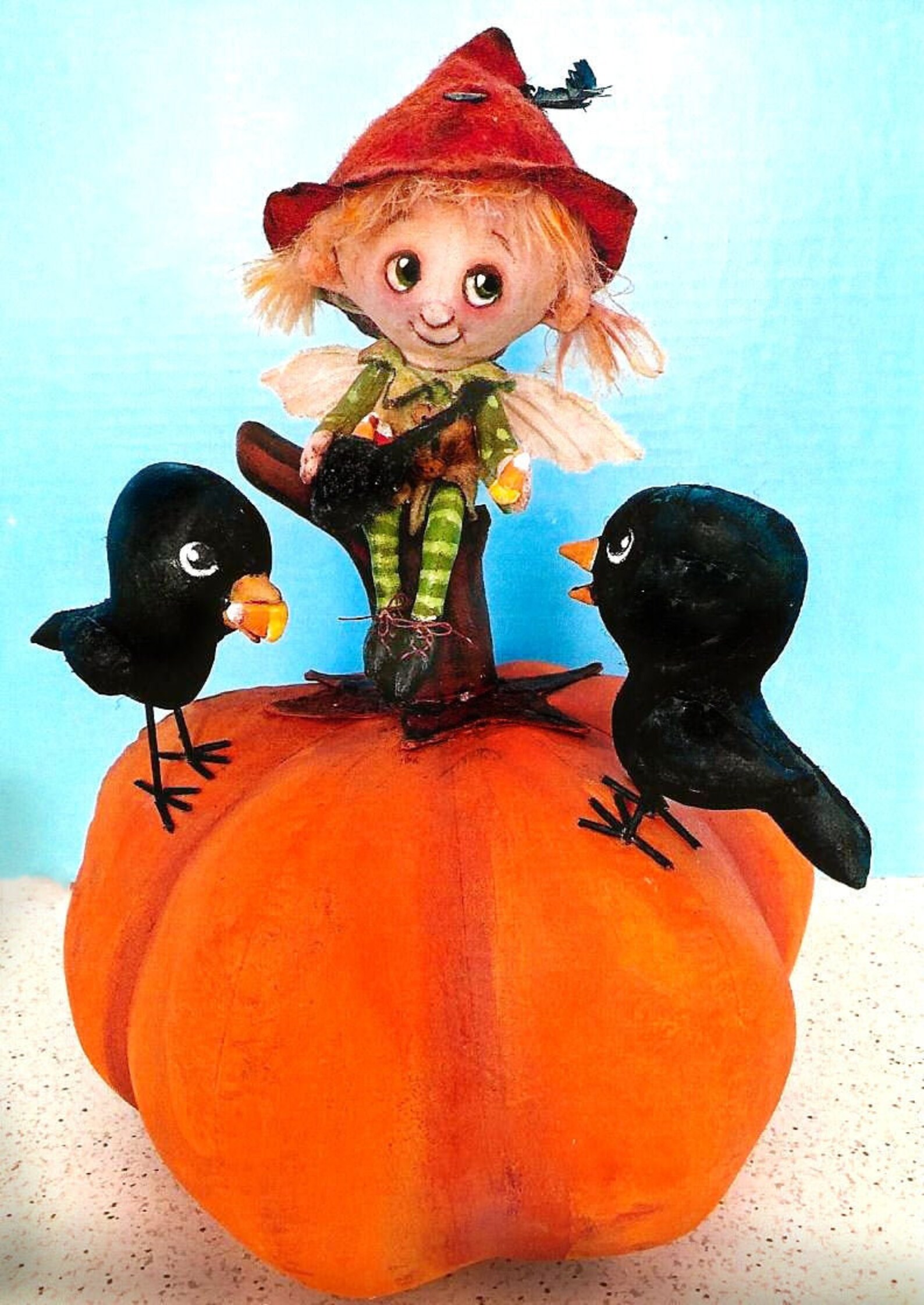 Fairy and Crows – a Painted Fabric 8" Fairy, 11" Pumpkin and 4" Crows ...