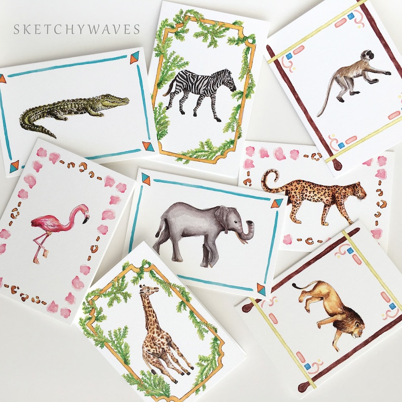 Safari Animals Mini Cards Giraffe, Zebra, Leopard, Flamingo, Alligator ...