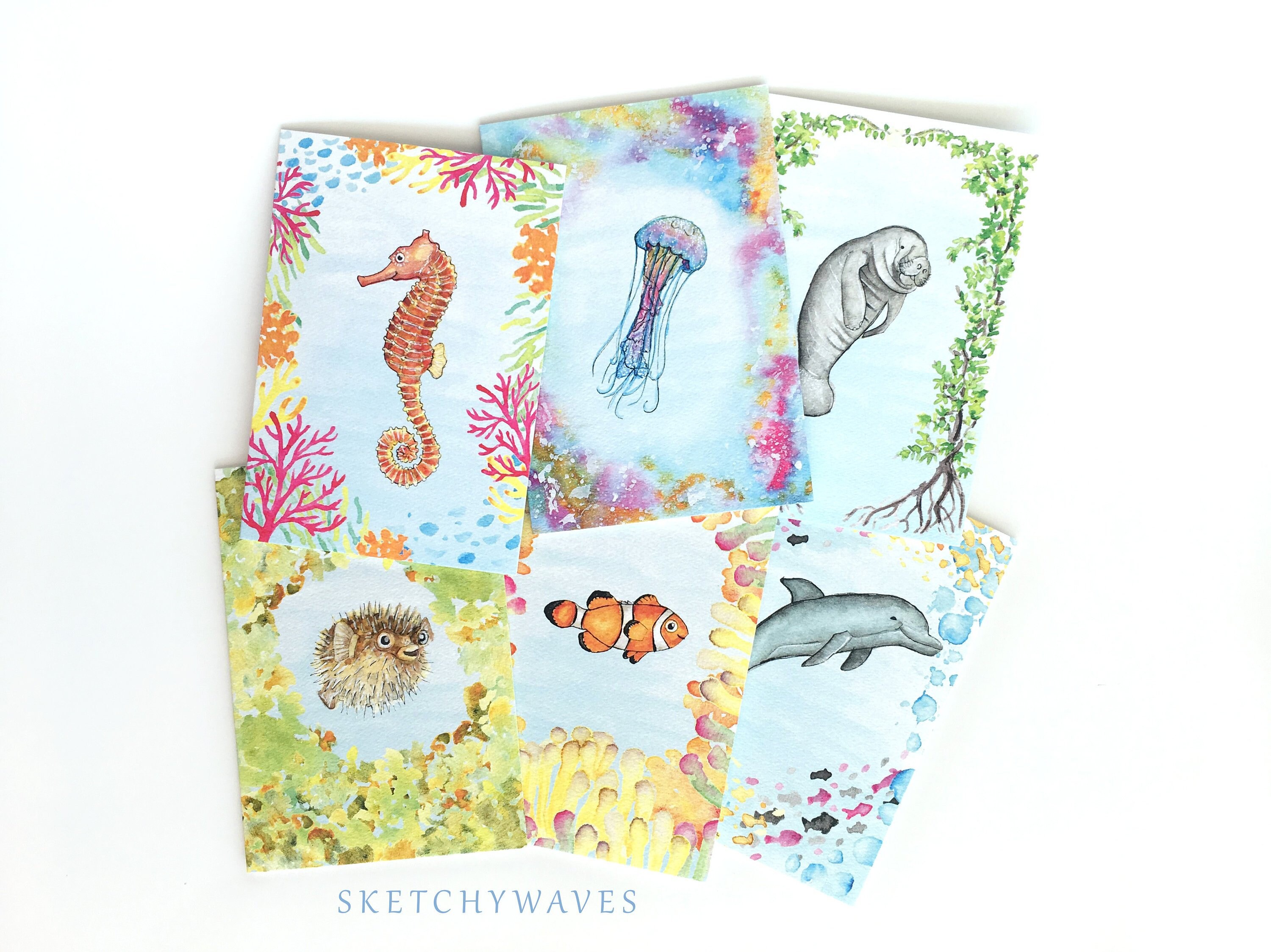 Sea Animals Mini Cards-seahorse, Jellyfish, Manatee, Pufferfish ...