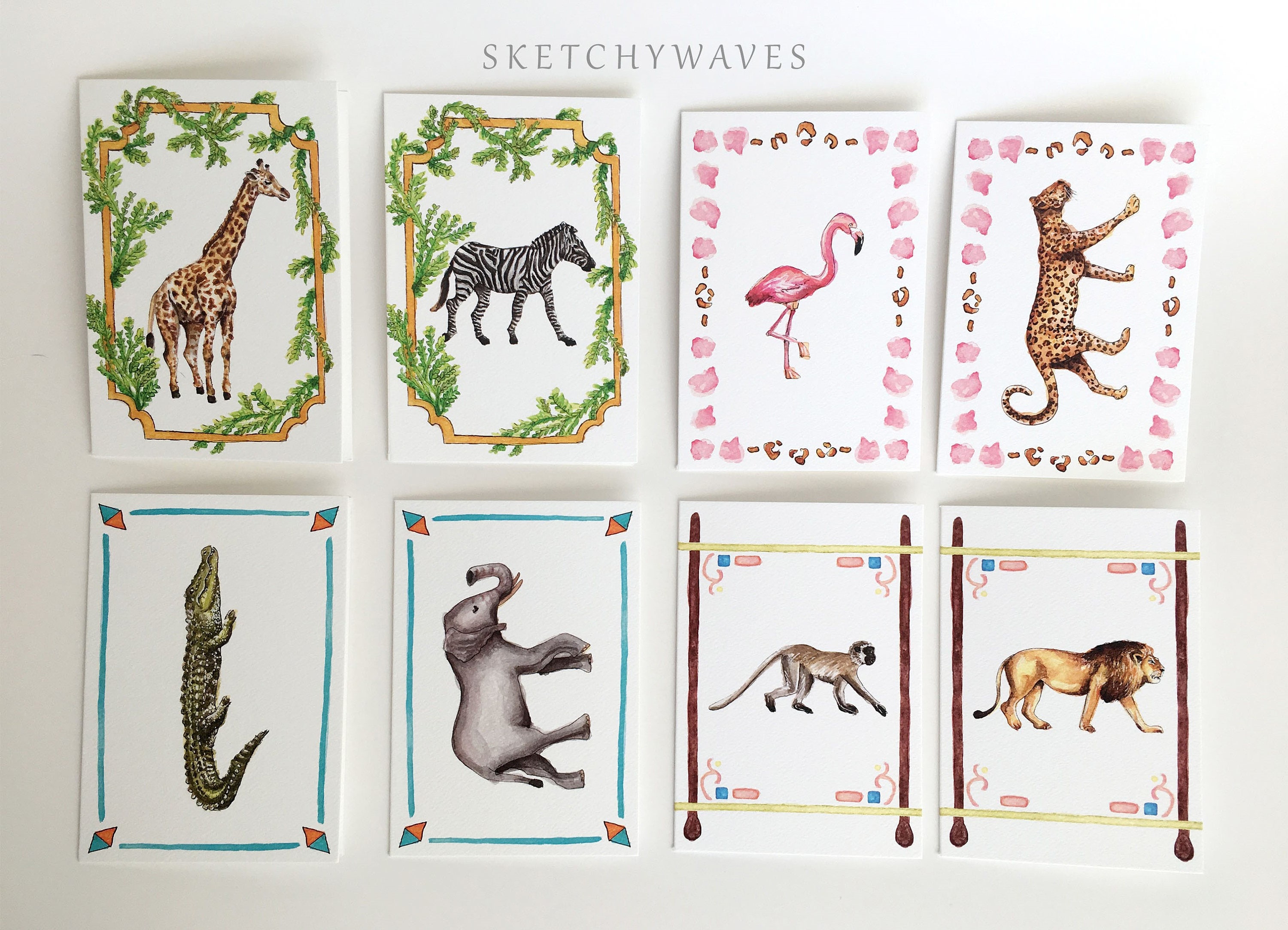 Safari Animals Mini Cards Giraffe, Zebra, Leopard, Flamingo, Alligator ...