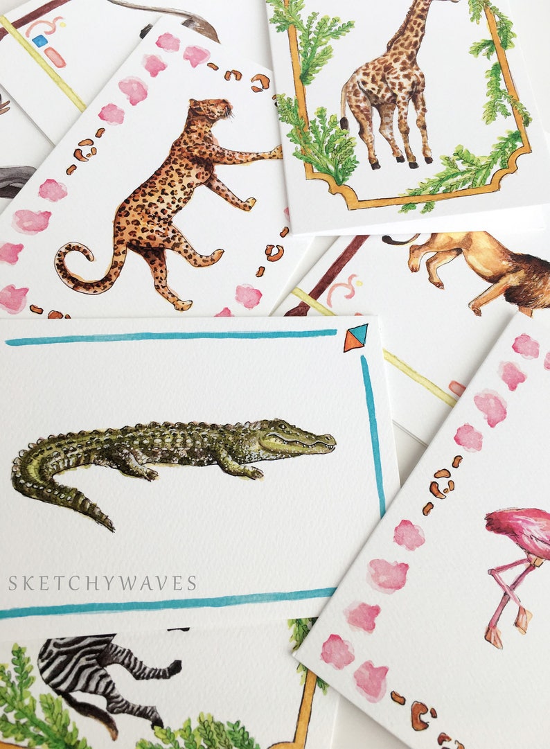 Safari Animals Mini Cards Giraffe, Zebra, Leopard, Flamingo, Alligator ...