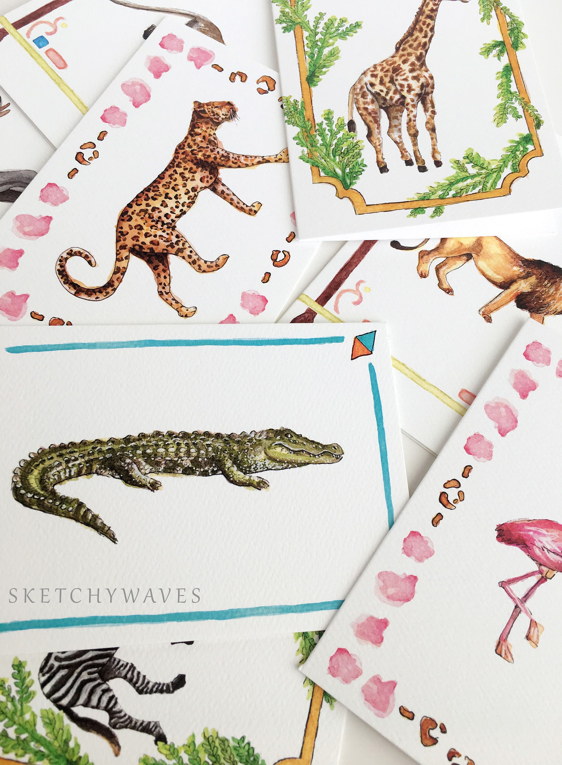 Safari Animals Mini Cards - Giraffe, Zebra, Leopard, Flamingo ...