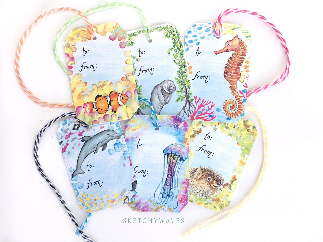 Sea Animals Gift Party Favor Tags - Seahorse, Jellyfish, Manatee ...