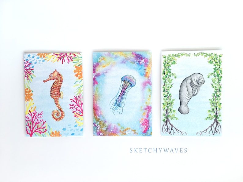 Sea Animals Mini Cards-seahorse, Jellyfish, Manatee, Pufferfish ...