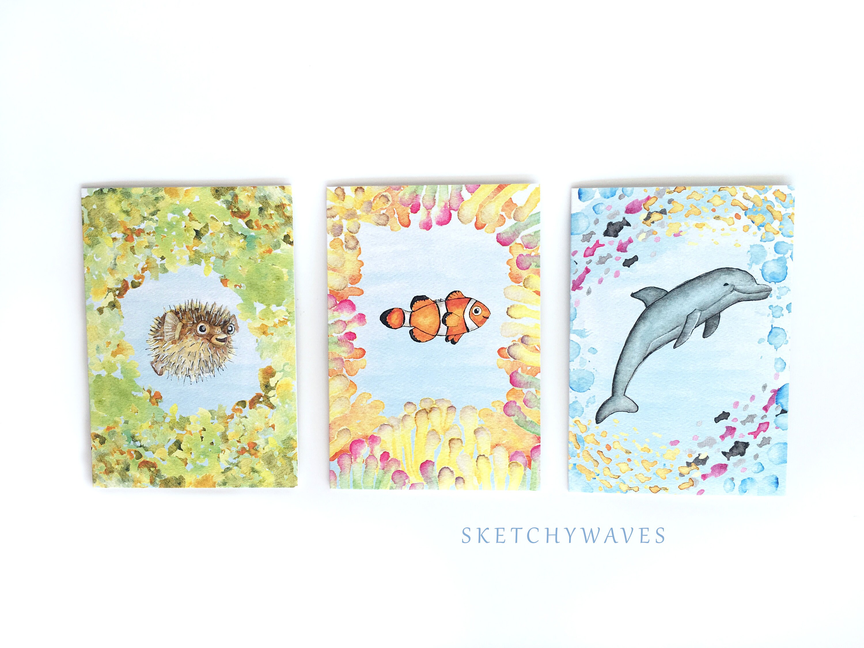 Sea Animals Mini Cards-seahorse, Jellyfish, Manatee, Pufferfish ...