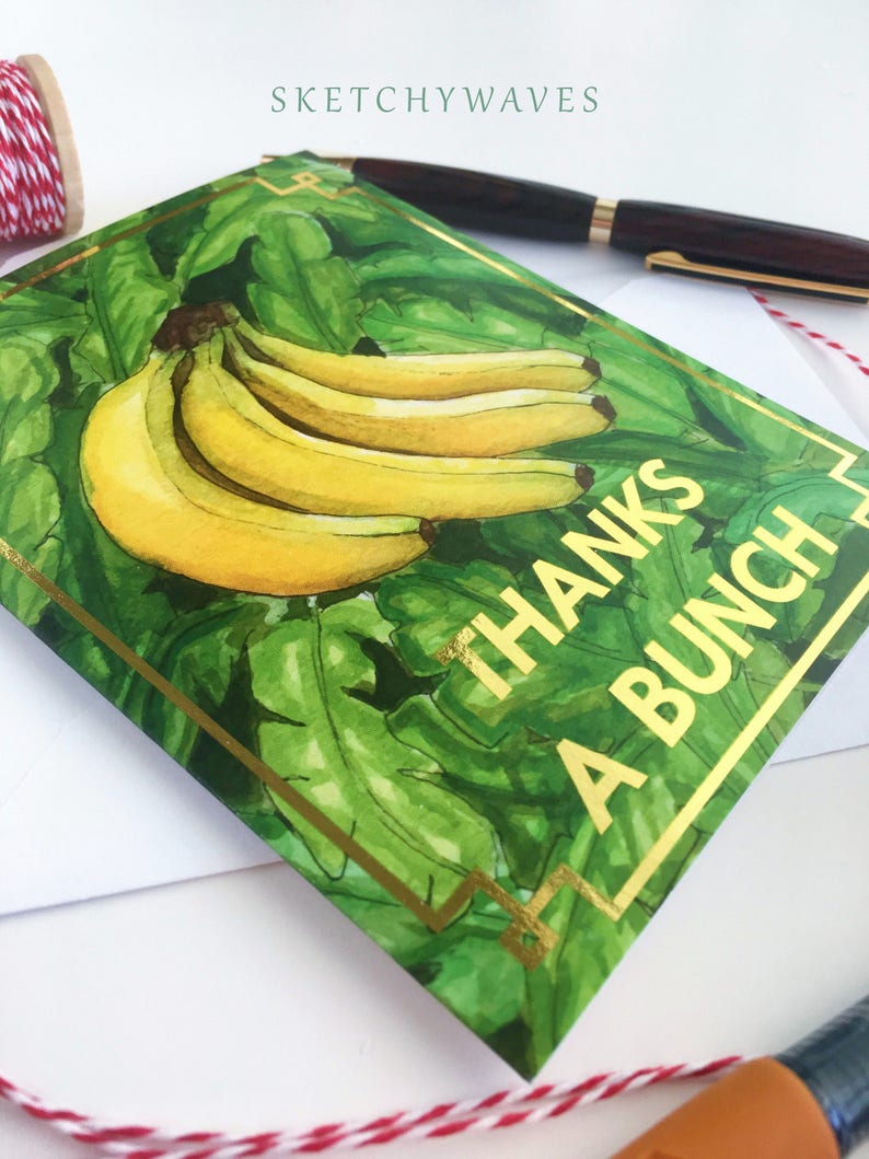 Banana Thank You Card, Note thanks a Bunch Funny, Pun, Cute, Tropical ...