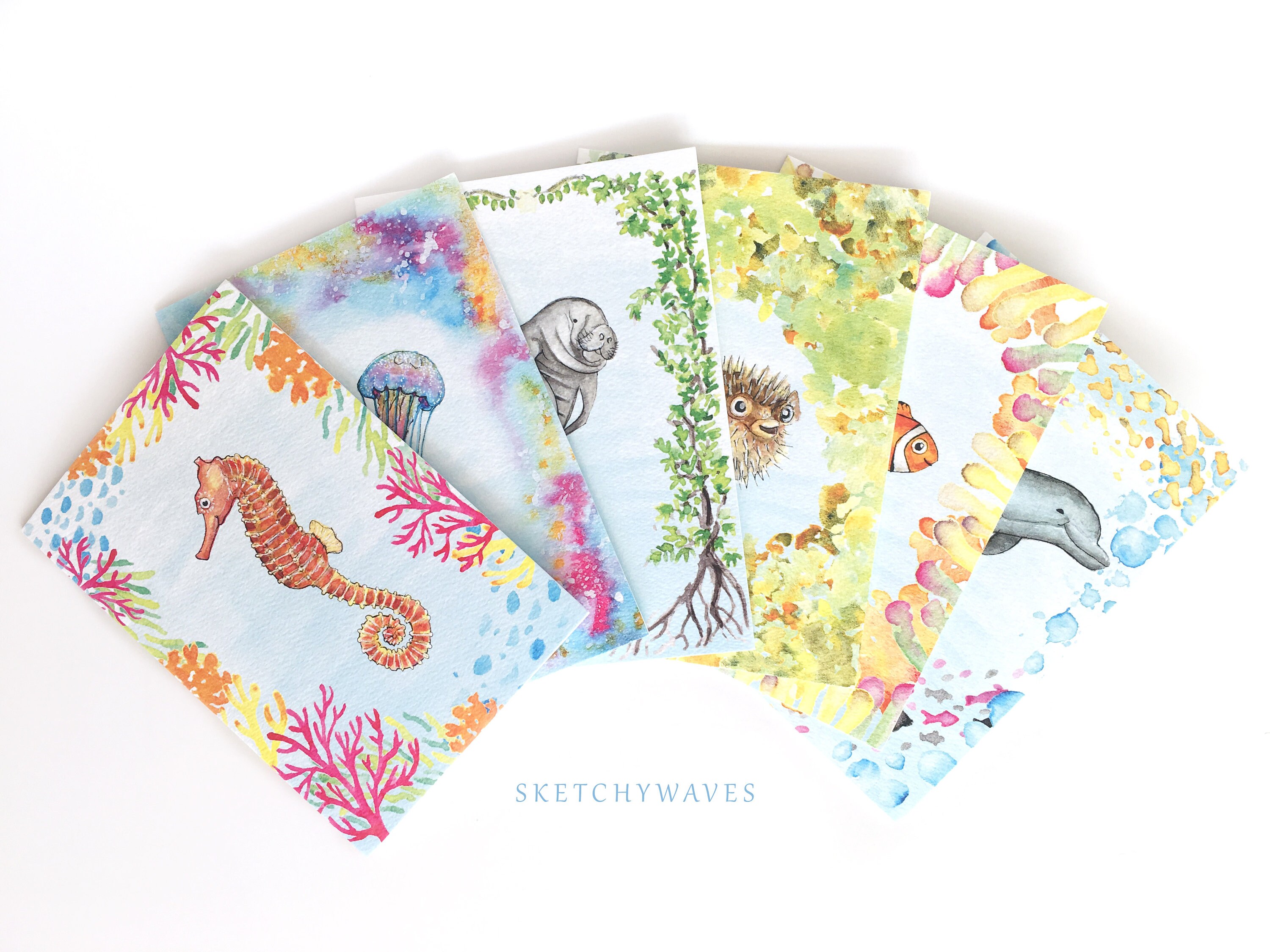 Sea Animals Mini Cards-seahorse, Jellyfish, Manatee, Pufferfish ...