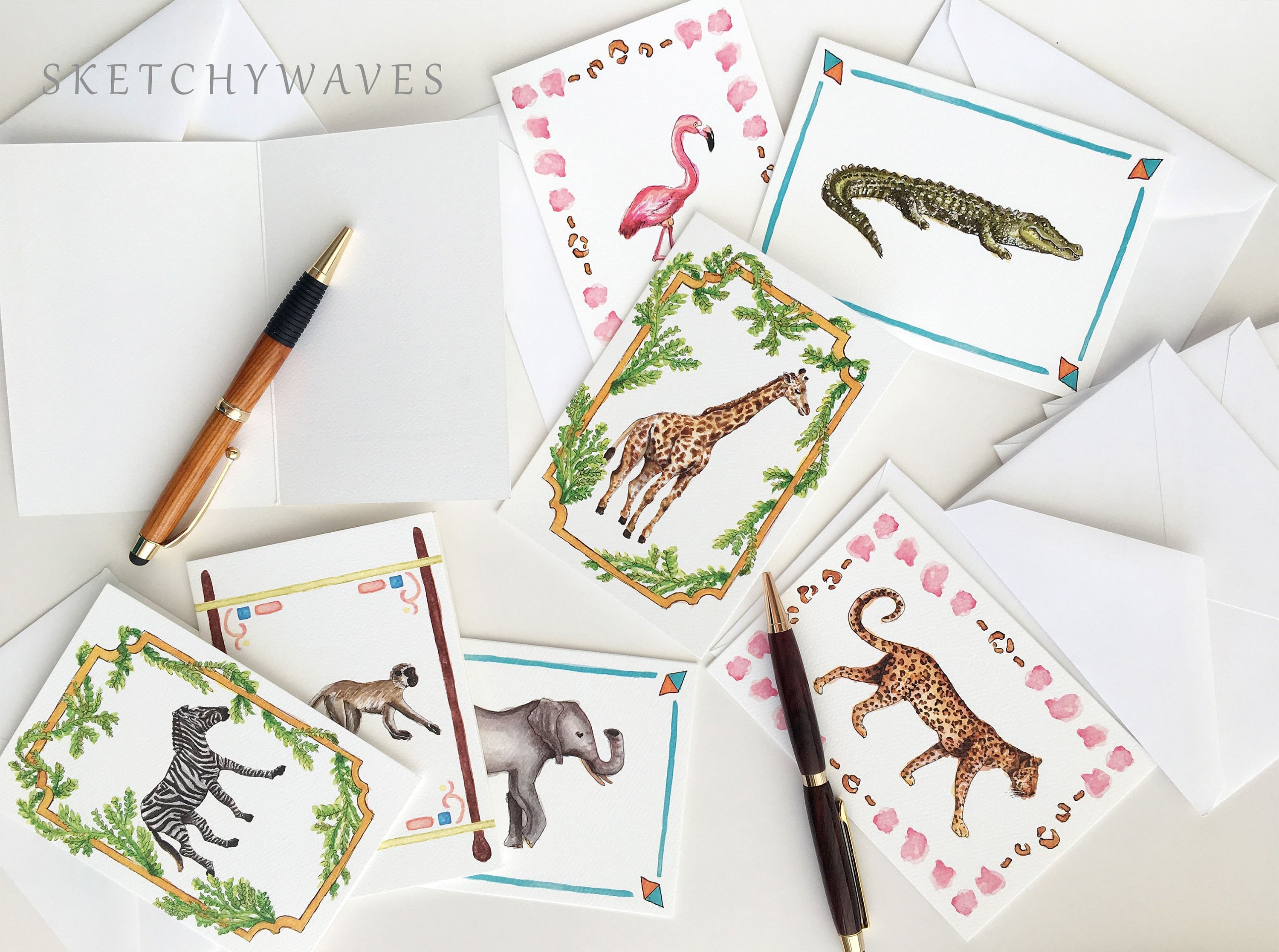 Safari Animals Mini Cards - Giraffe, Zebra, Leopard, Flamingo ...