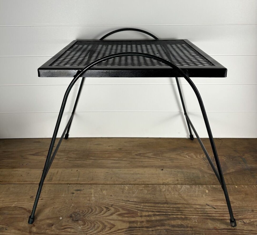 Vintage Wrought Iron Patio Table Wire Mesh Stand MCM Side Table Black ...