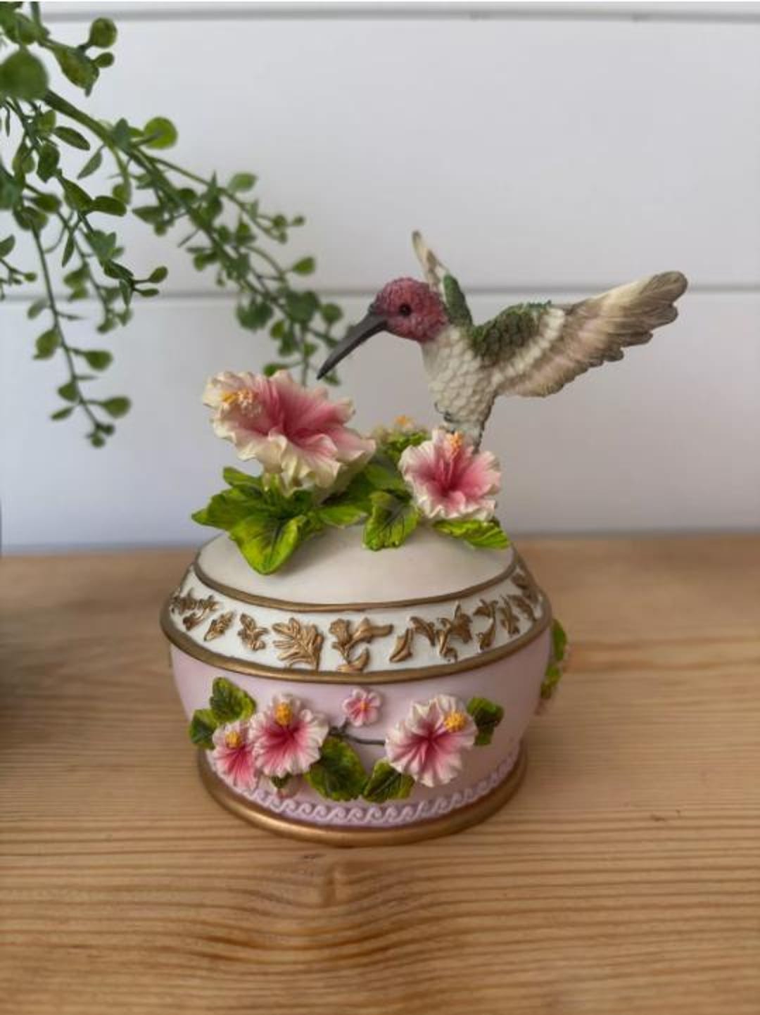 Vintage Pink Hummingbird Music Box Pill Box Trinket Floral Vanity ...