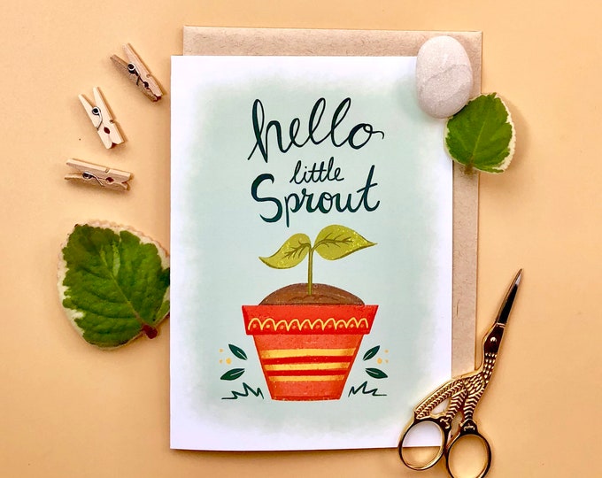 Baby Sprout Card for New Parents, Botanical Welcome New Baby Greeting ...