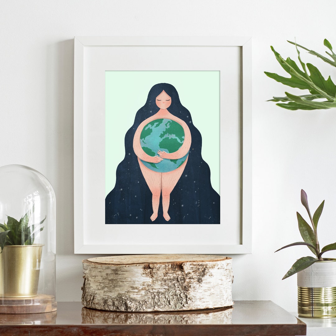 Earth Mother Art Print Illustration, Celestial Woman Holding Earth ...