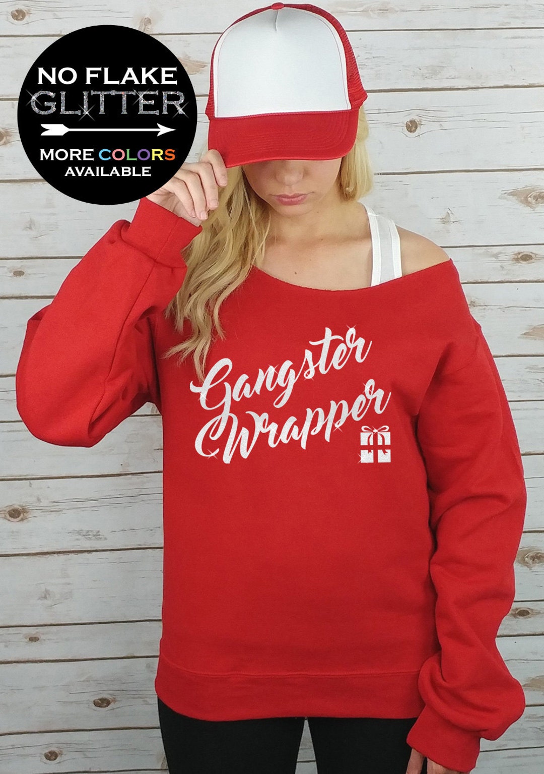 Gangster Wrapper off Shoulder Raw Edge Sweatshirt for Women GLITTER hat ...
