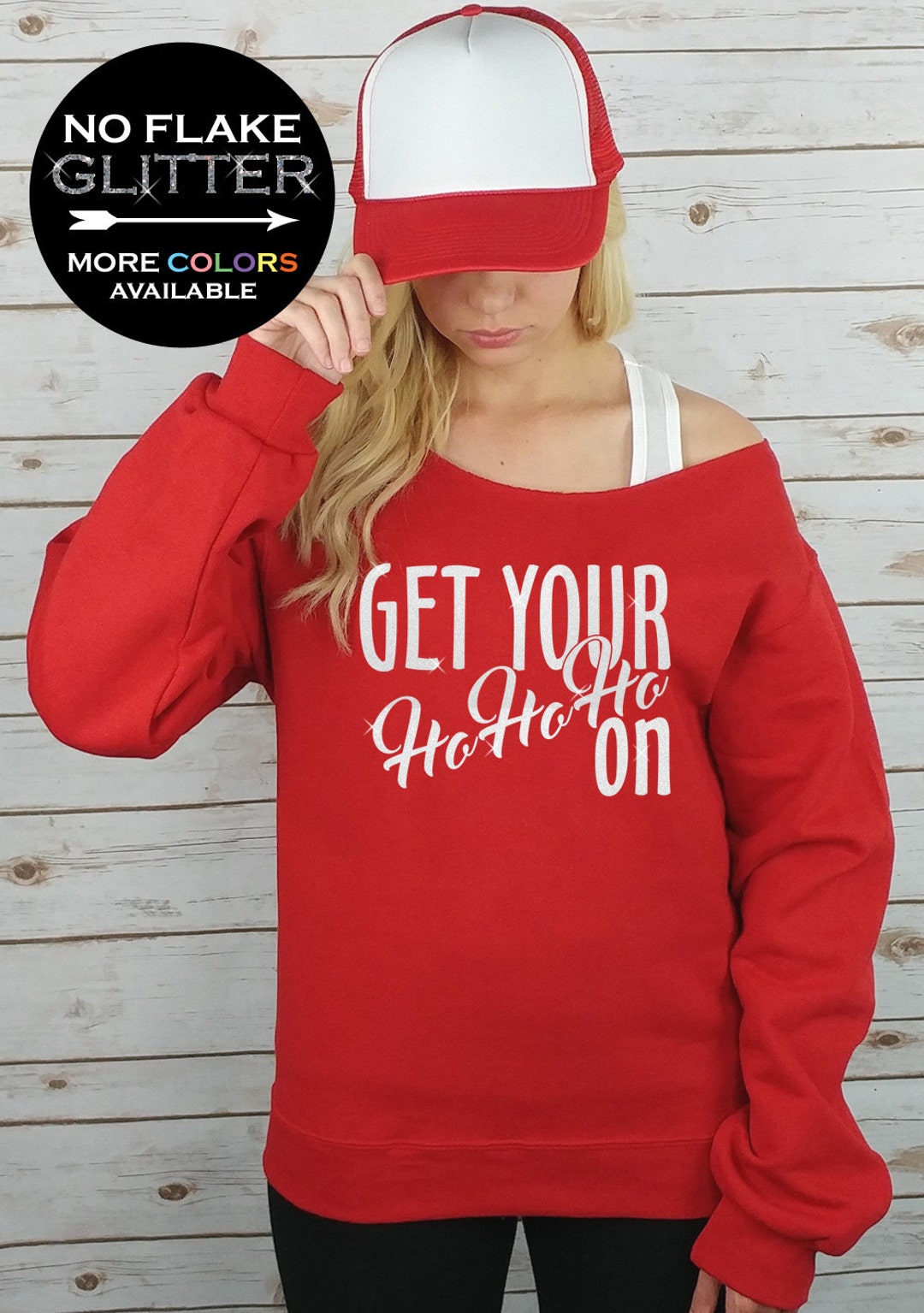 Get Your Ho Ho Ho on off Shoulder Raw Edge Sweatshirt for Women GLITTER ...