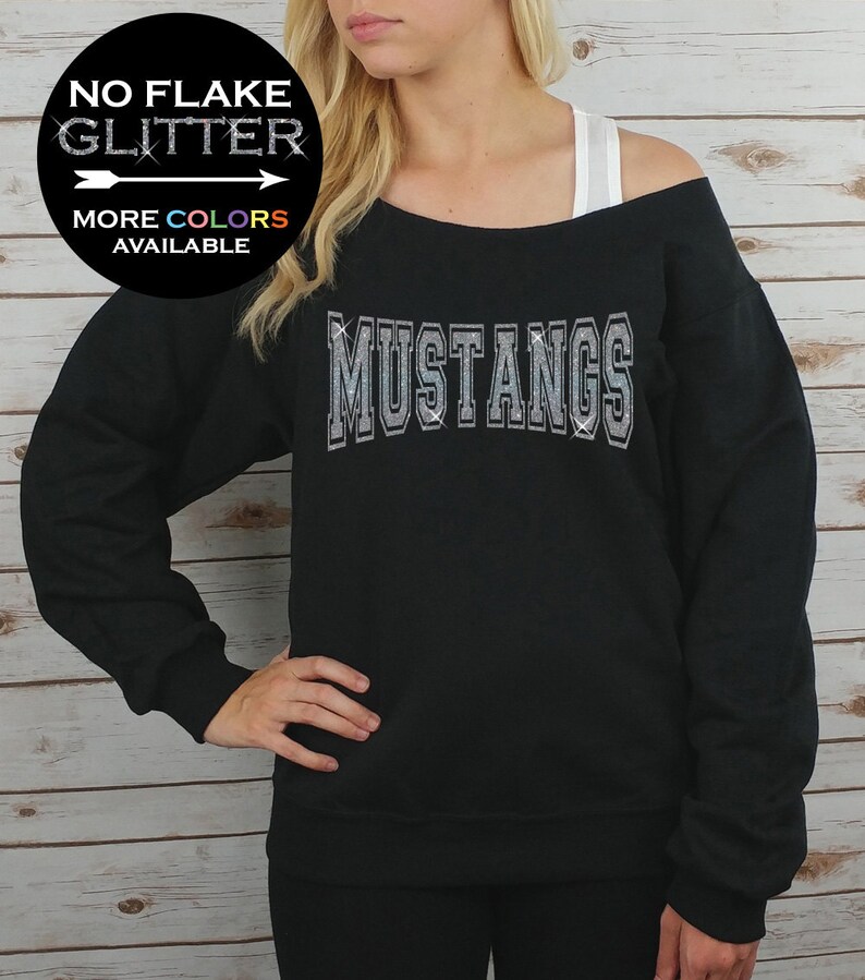 MUSTANGS off Shoulder Raw Edge Sweatshirt for Women // GLITTER ...