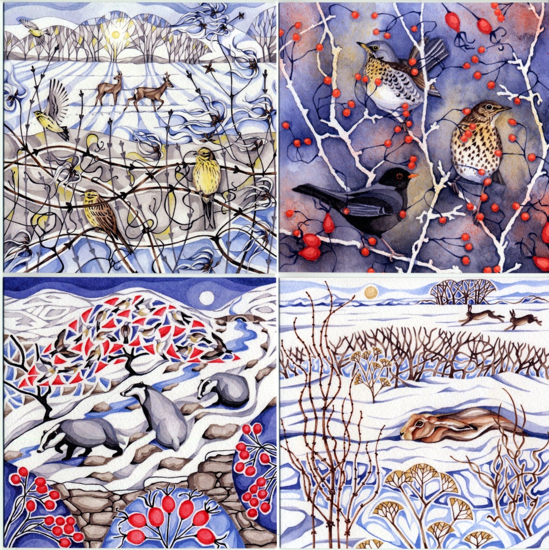 Pack of 4 Wildlife Winter Cards. Christmas Cards. Snow Card. Bird Cards ...