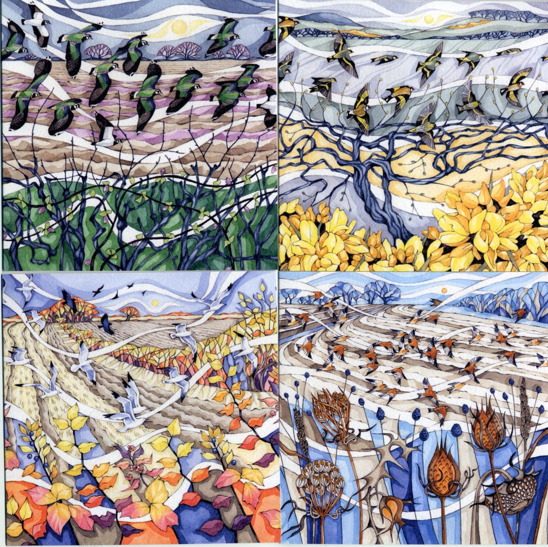 Flying Bird Cards, Lapwing, Goldfinch, Gull, Linnets, Autumn, Winter ...