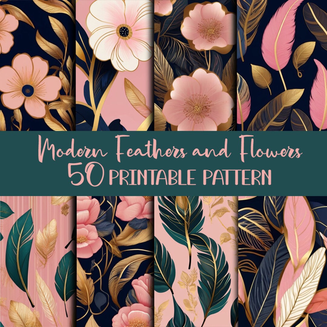 Modern Feathers and Flowers-50 Printable Pattern, Perfect for Decorate ...