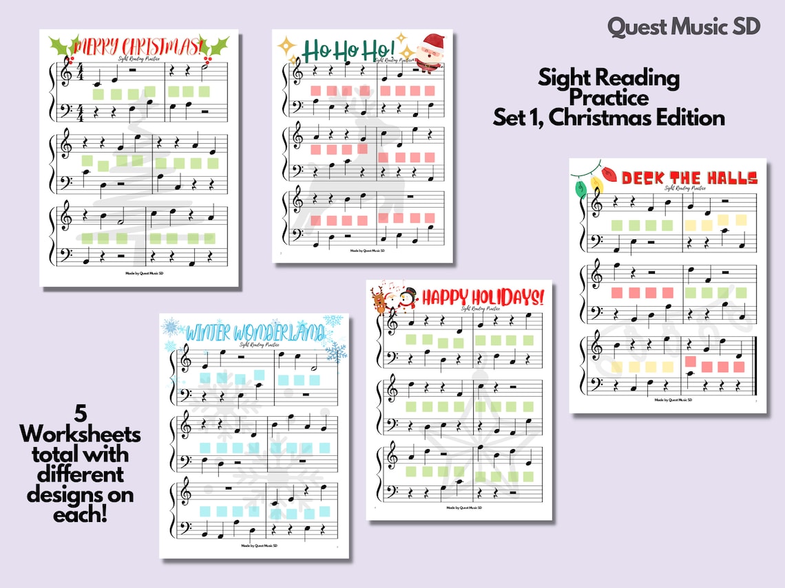 Music Sight Reading Practice PRINTABLE WORKSHEETS (5 PAGES) - Set 1 ...