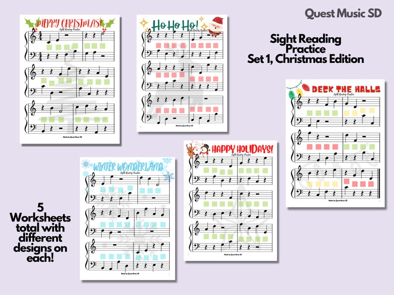 Music Sight Reading Practice PRINTABLE WORKSHEETS (5 PAGES) - Set 1 ...